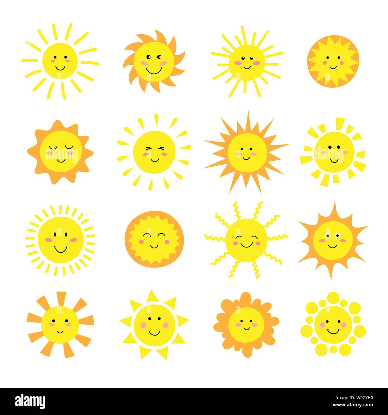 Cartoon sun collection. Yellow glossy sun icons set isolated on white ...