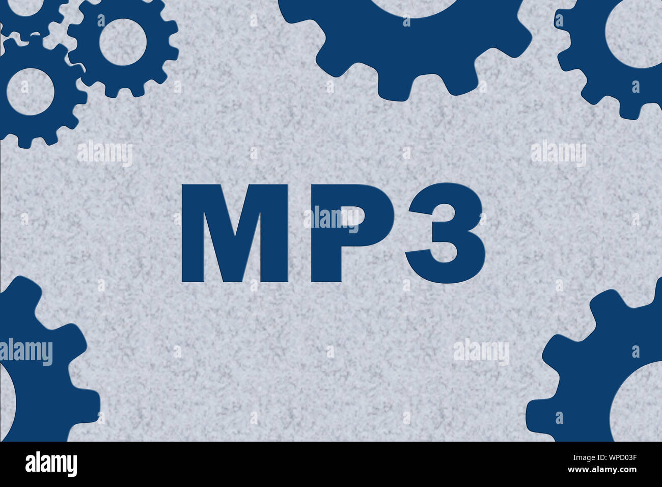 MP3 sign concept illustration with blue gear wheel figures on gray ...