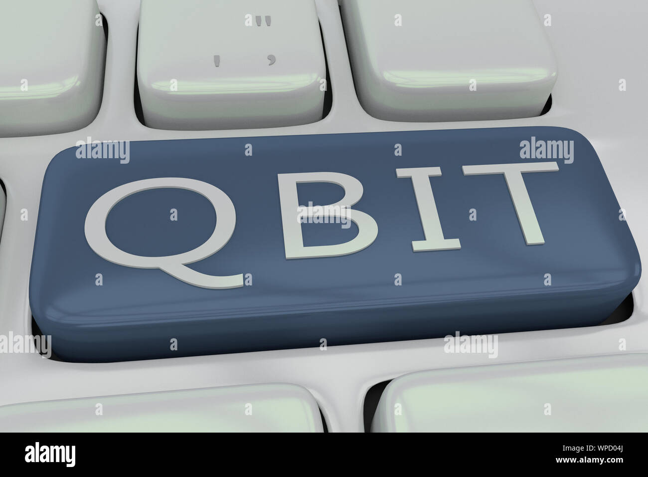 3D illustration of computer keyboard with the script QBIT on a blue ...