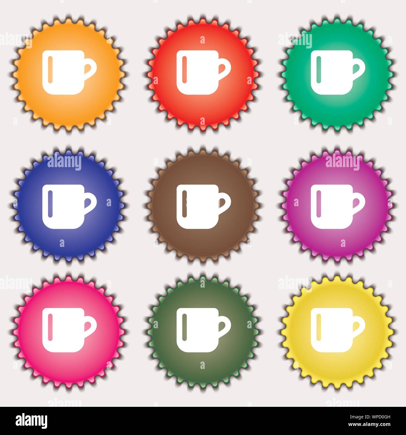 cup coffee or tea icon sign. A set of nine different colored labels ...
