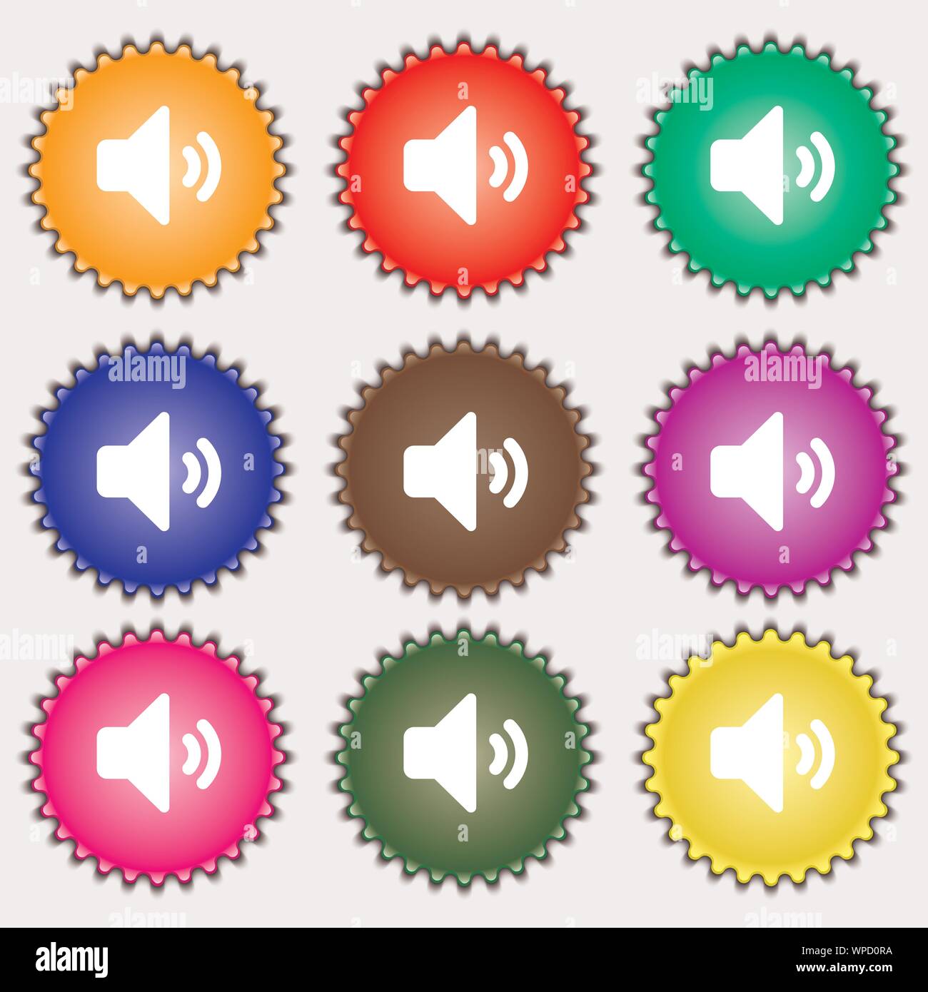 Speaker volume, Sound icon sign. A set of nine different colored labels ...