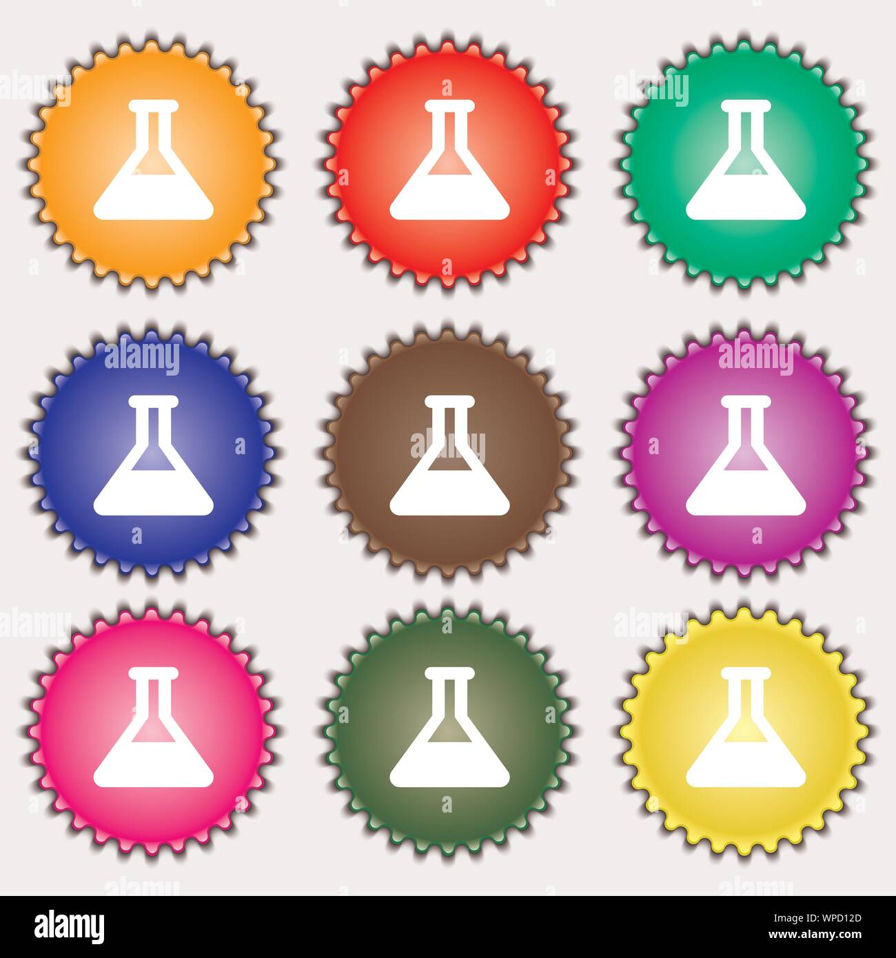 Conical Flask icon sign. A set of nine different colored labels. Vector ...