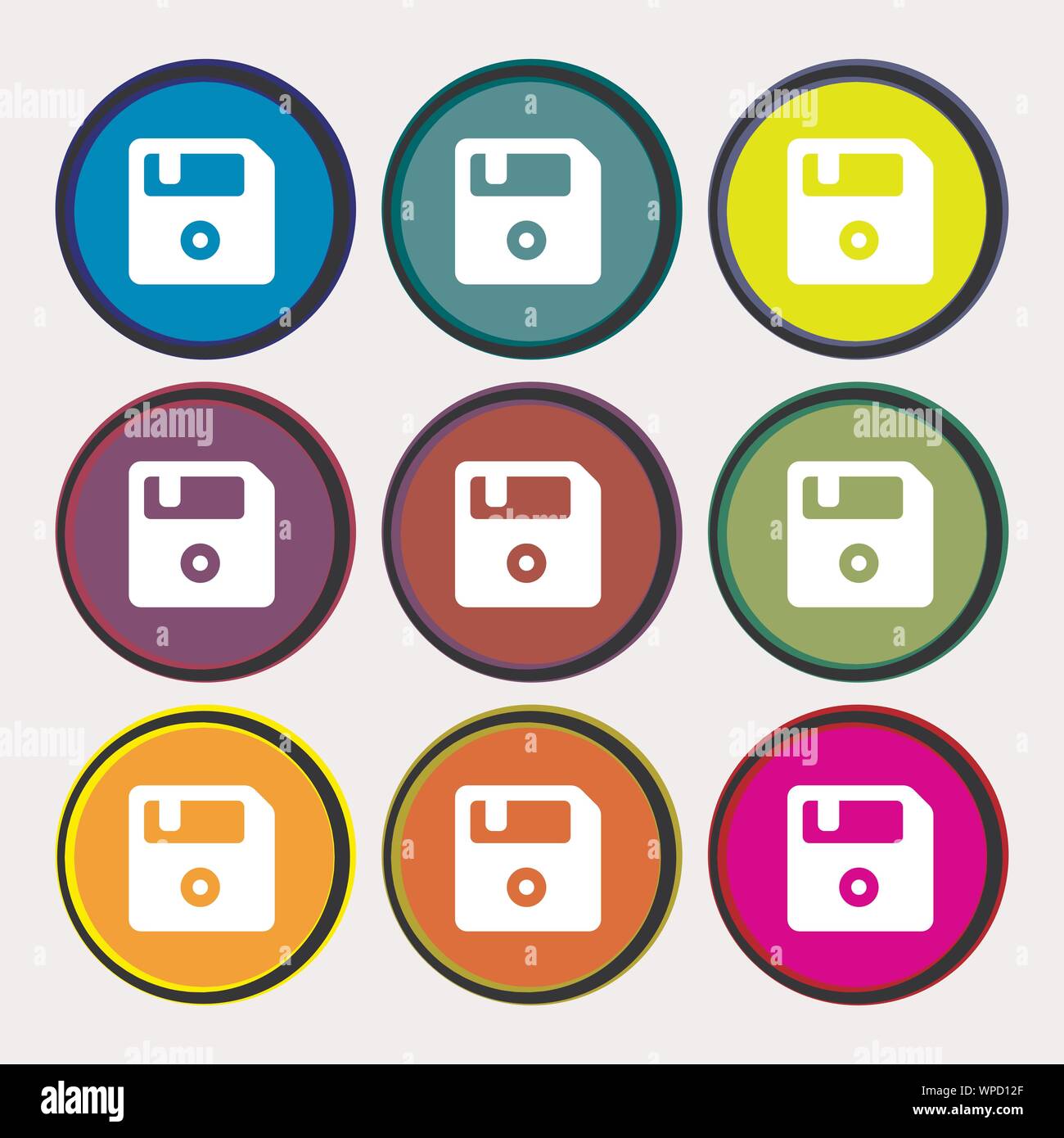 floppy icon sign. Nine multi-colored round buttons. Vector Stock Vector ...