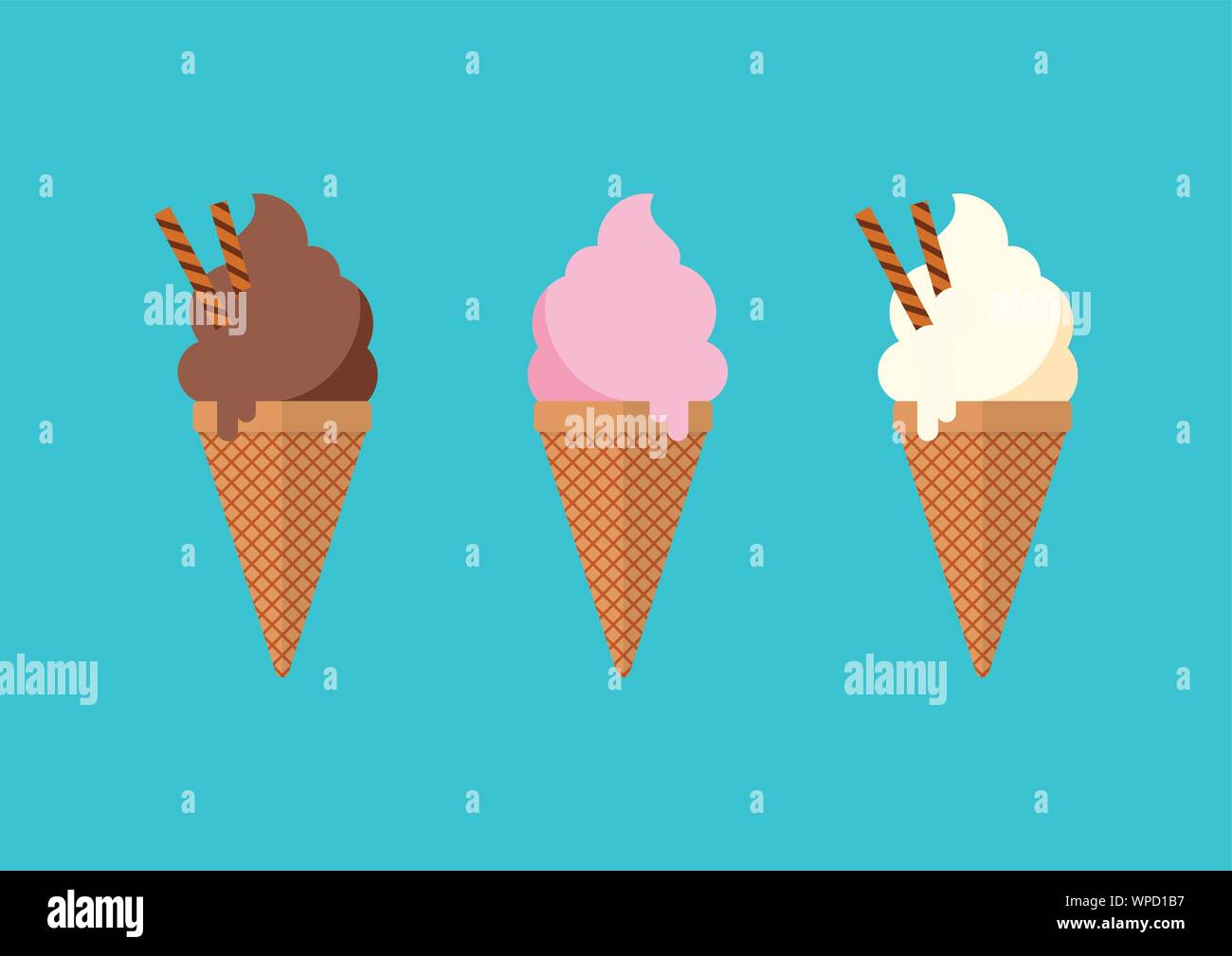 Chocolate vanilla and strawberry Ice cream in the cone. Vector ...