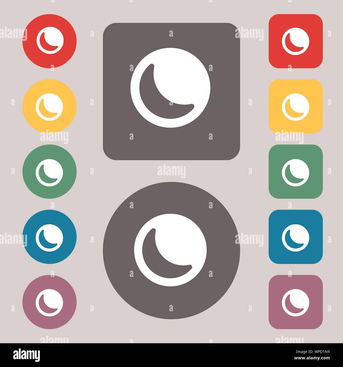moon icon sign. A set of 12 colored buttons. Flat design. Vector Stock ...