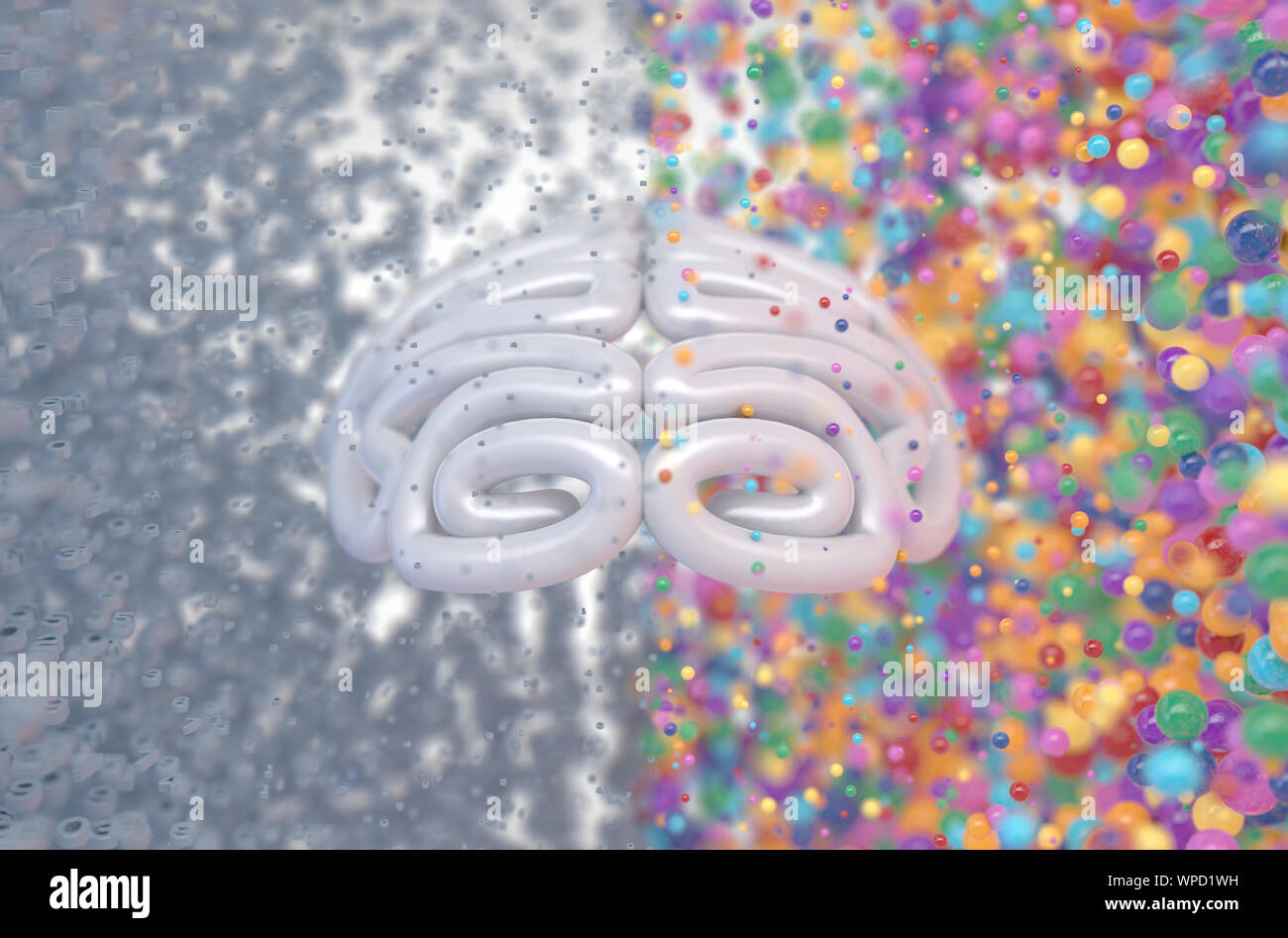 A stylized brain with the left side depicting an analytical, structured ...