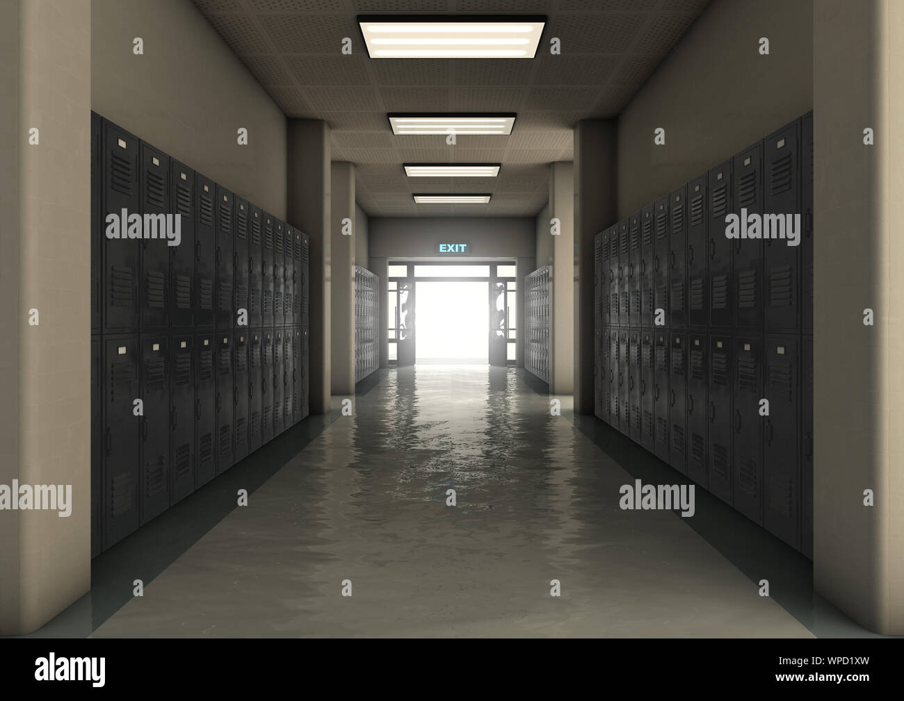 A look down a dimly lit hallway of school lockers towards an open ...