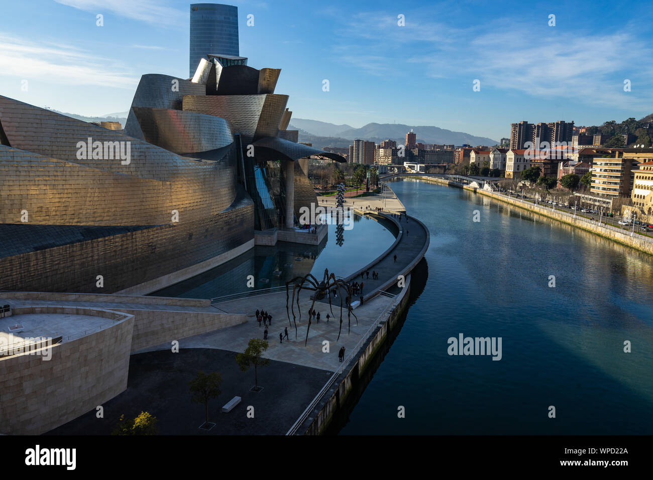 Aerial cityscape of Guggenheim Museum Bilbao on Nervion river, Bilbao ...