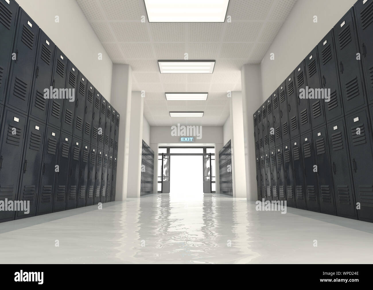 A look down a well lit hallway of school lockers towards an open ...