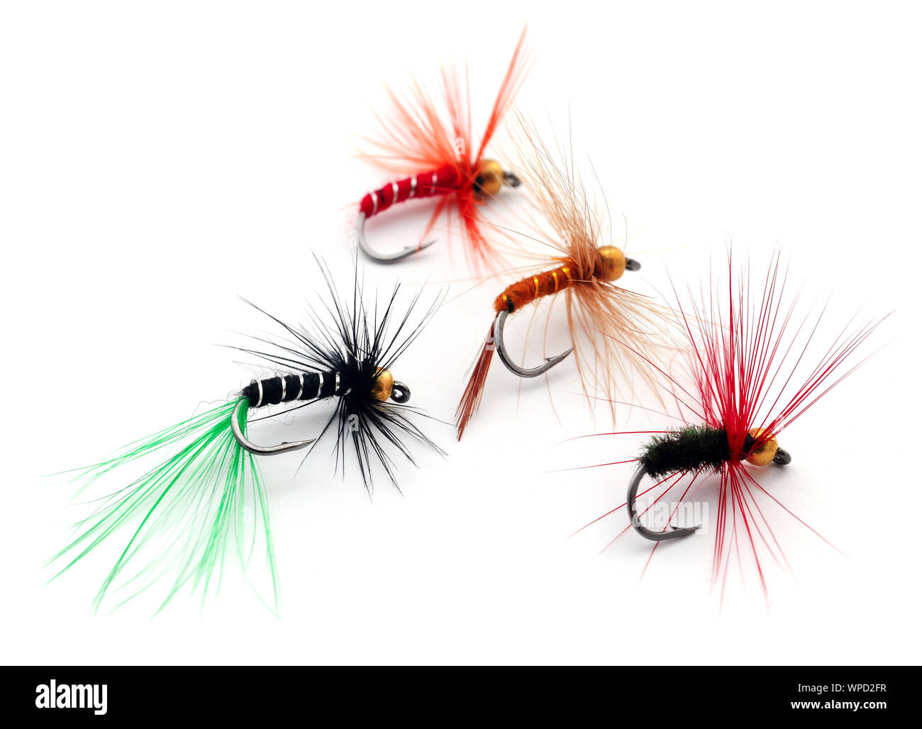 Fishing flies of diffrent colors with hooks over white background Stock ...