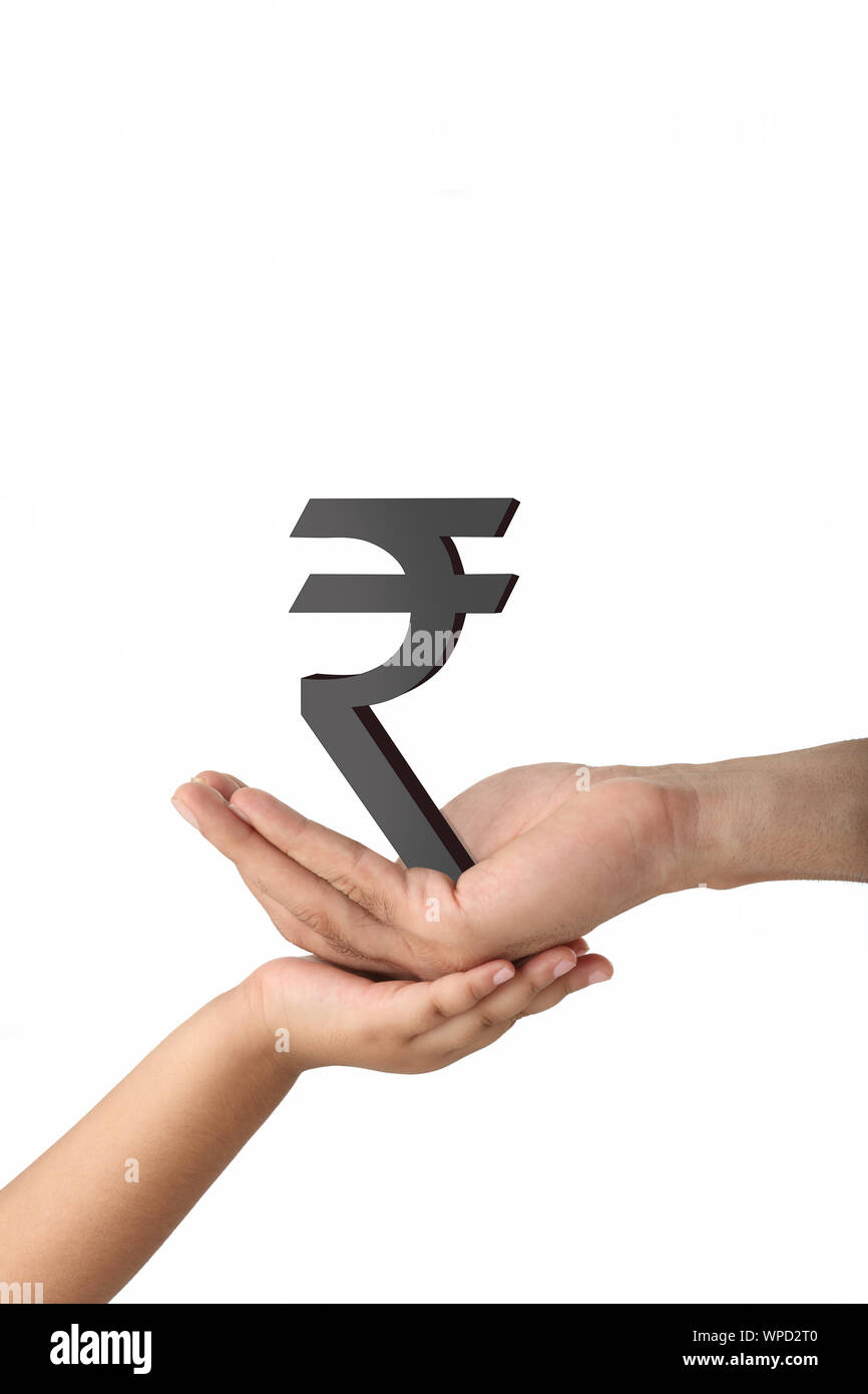 Man hand holding rupee symbol with his son Stock Photo - Alamy