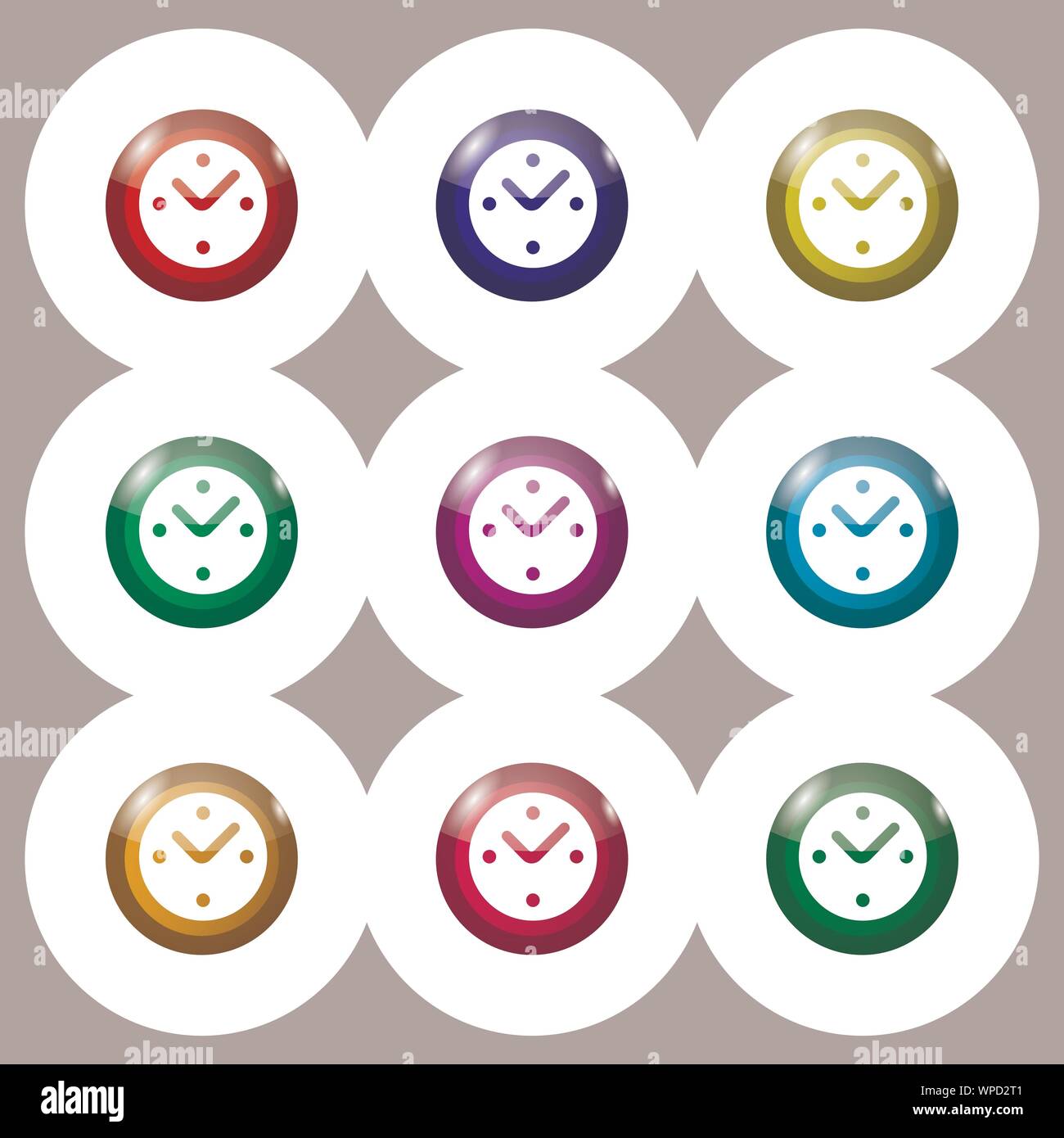 Mechanical Clock icon sign. symbol on nine round colourful buttons ...