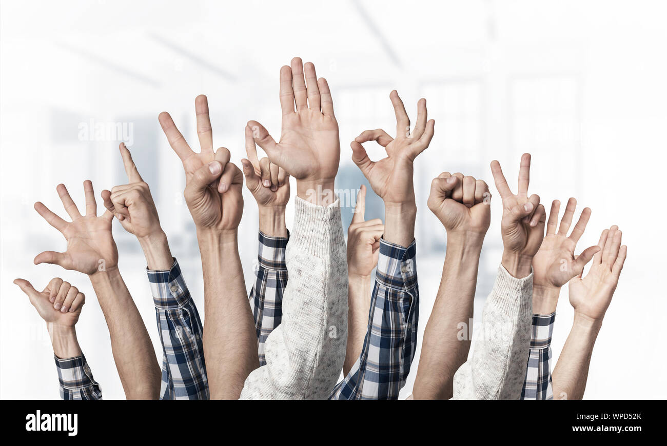 Row of man hands showing various gestures. Ok, finger pointing, victory ...