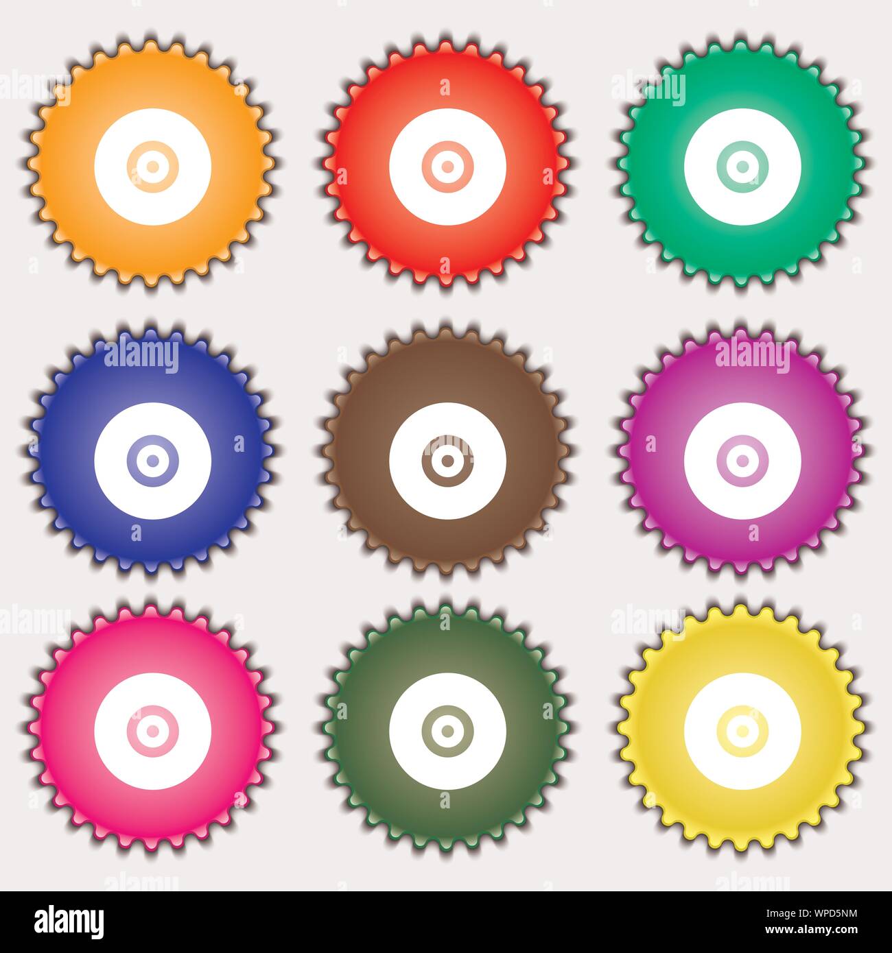 CD or DVD icon sign. A set of nine different colored labels. Vector ...