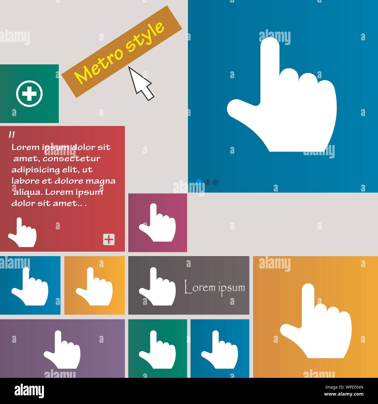 pointing hand icon sign. Metro style buttons. Modern interface website buttons with cursor ...