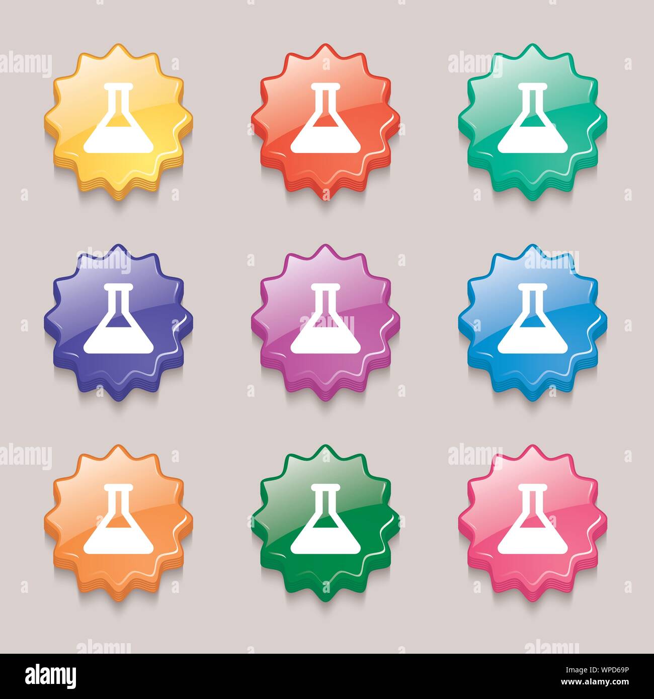 Conical Flask icon sign. symbol on nine wavy colourful buttons. Vector ...