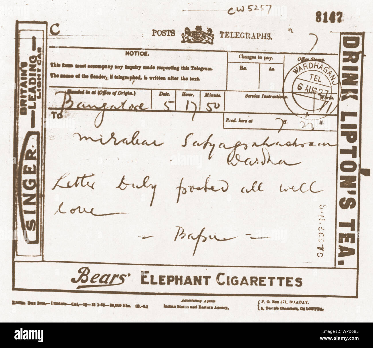 Handwritten telegram from Mahatma Gandhi, Bangalore, India, Asia ...