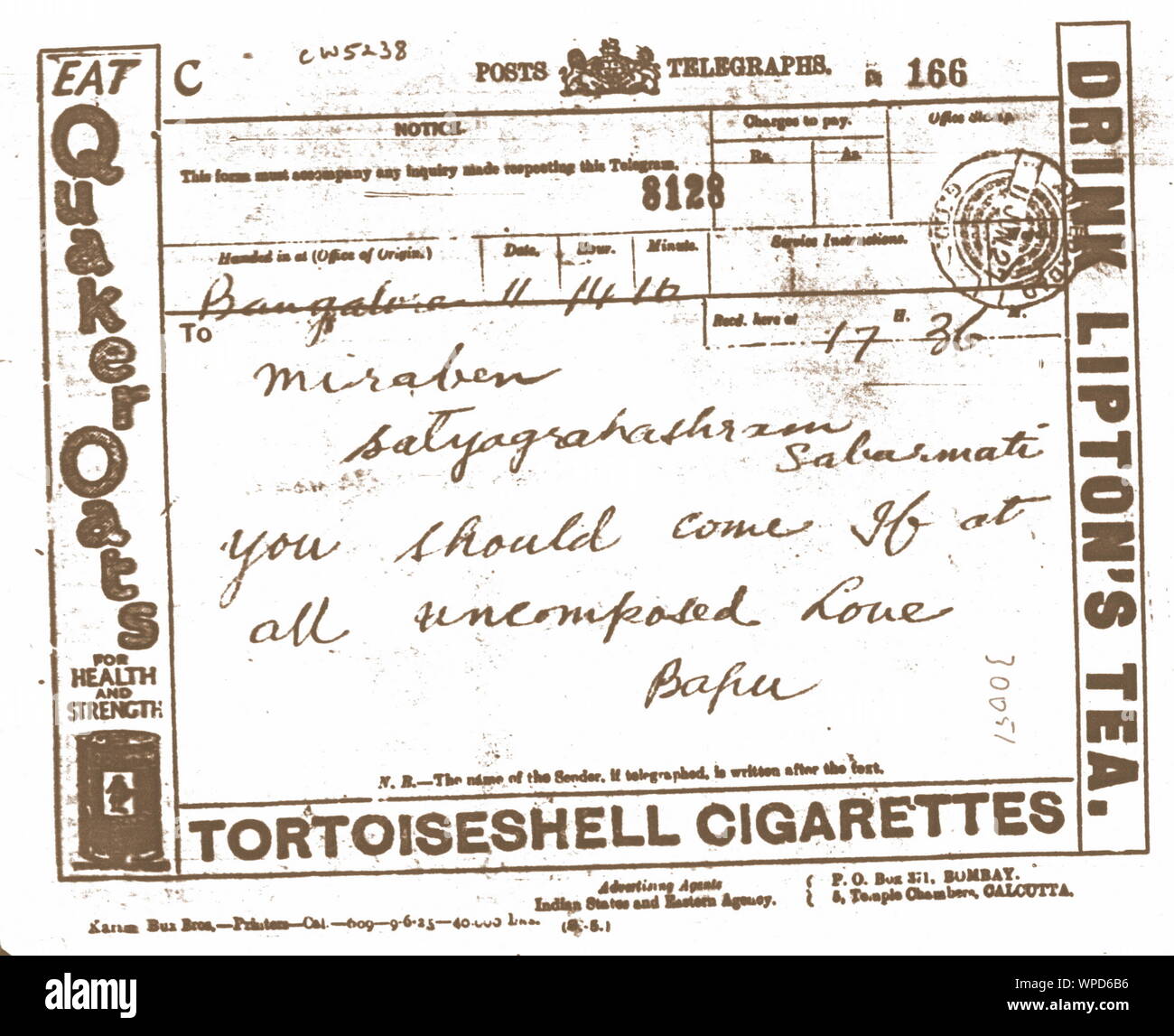 Handwritten telegram from Mahatma Gandhi, Bangalore, India, Asia, June ...