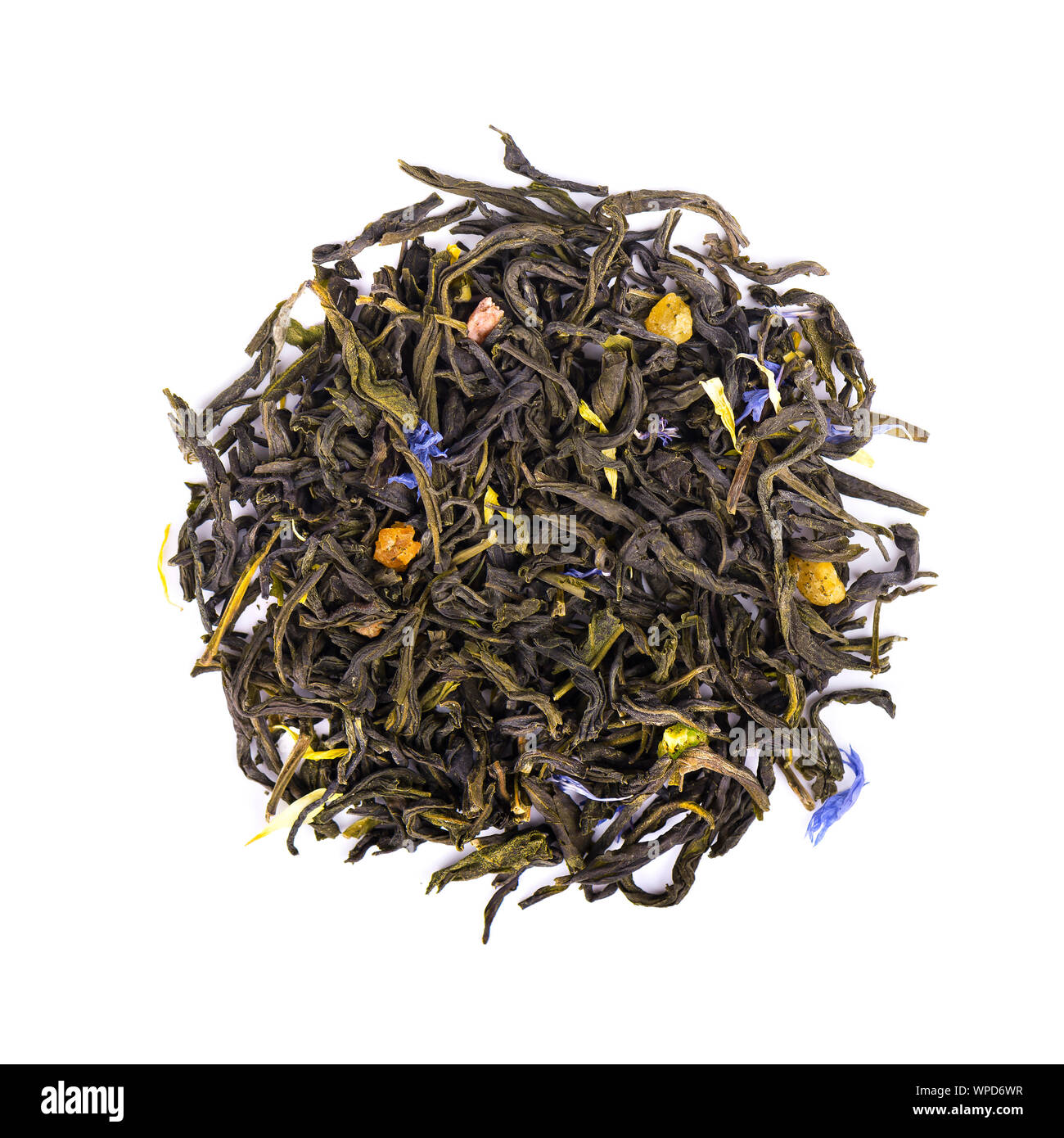 Green Ceylon tea with cornflower and candied fruit, isolated on white ...