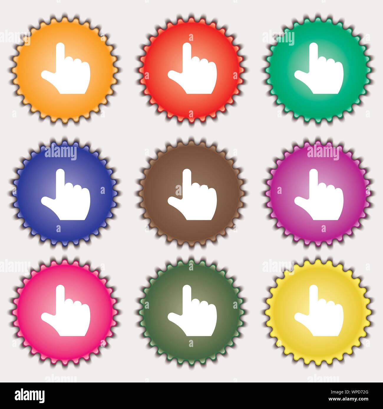 pointing hand icon sign. A set of nine different colored labels. Vector ...