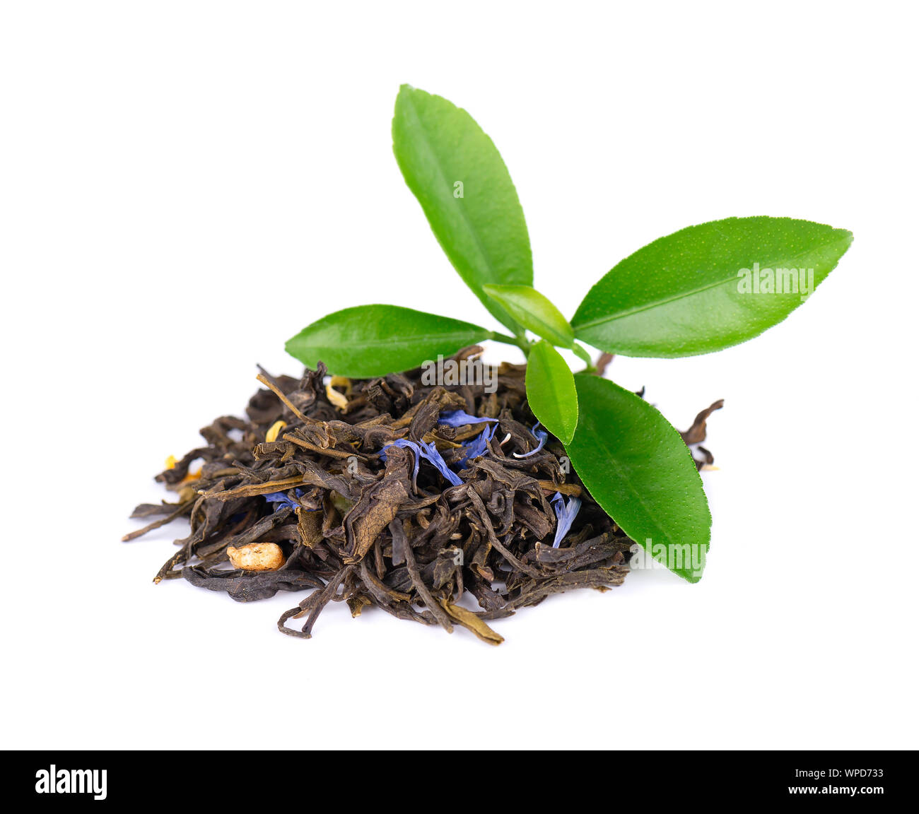 Green Ceylon tea with cornflower and candied fruit, isolated on white ...