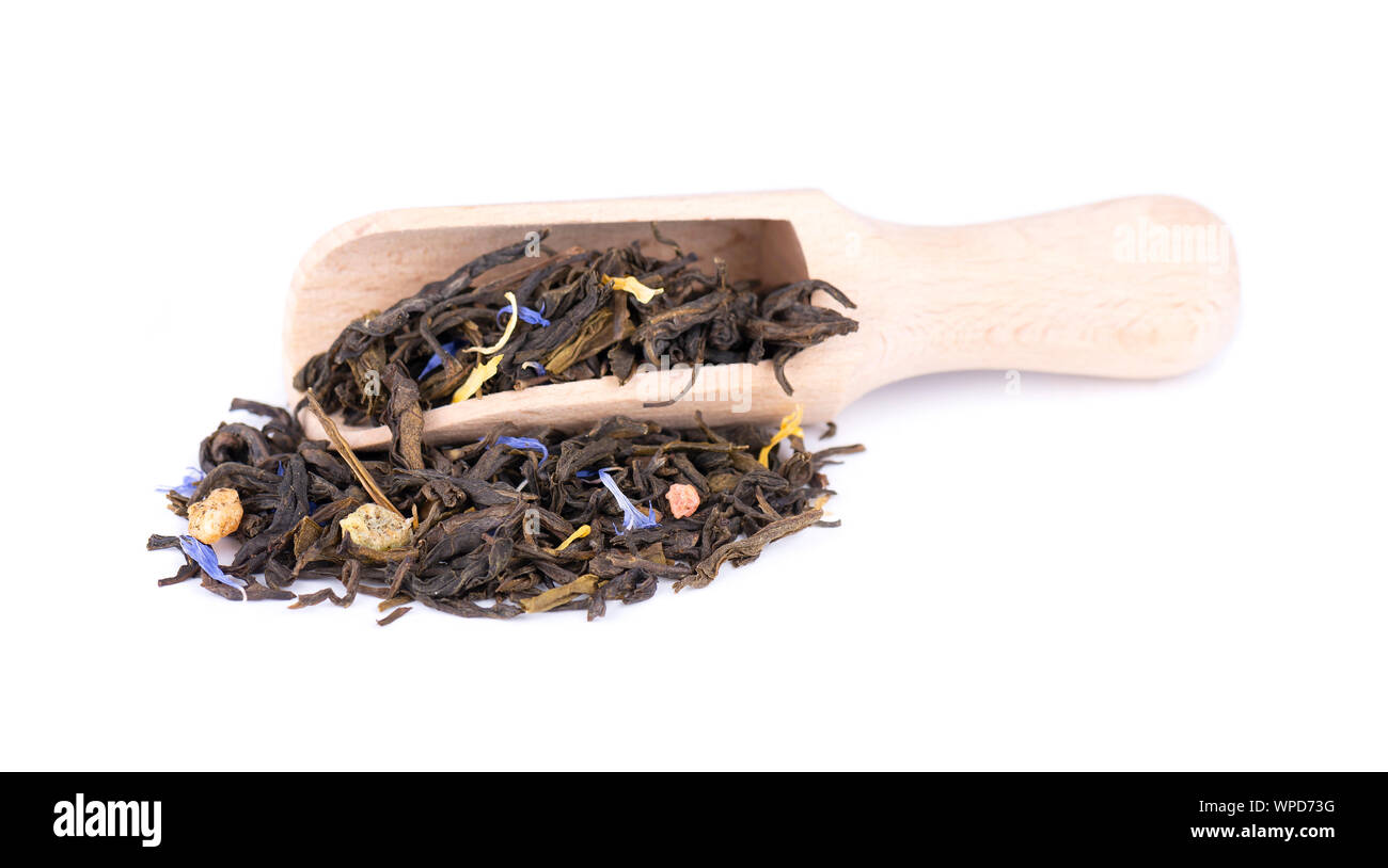 Green Ceylon tea with cornflower and candied fruit, isolated on white ...