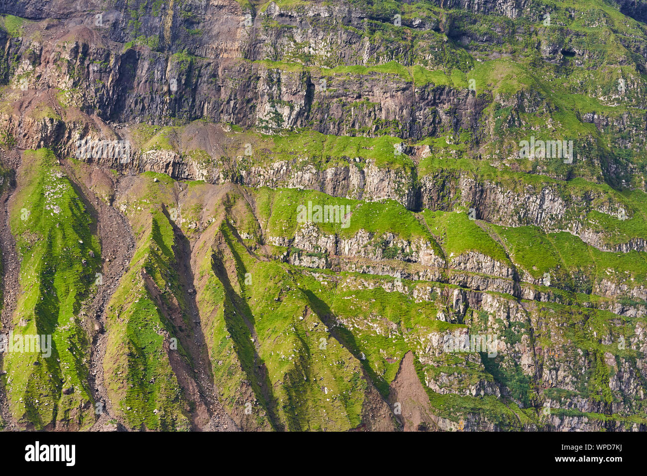 Scenic green rocky mountain fjord landscape in Faroe islands. Denmark ...