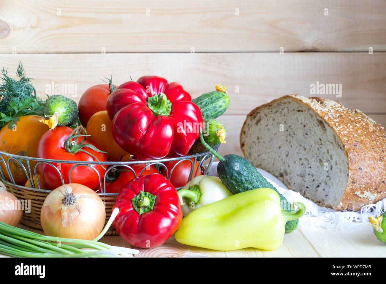 Natural homegrown and homemade food concept. Fresh vegetables and half ...