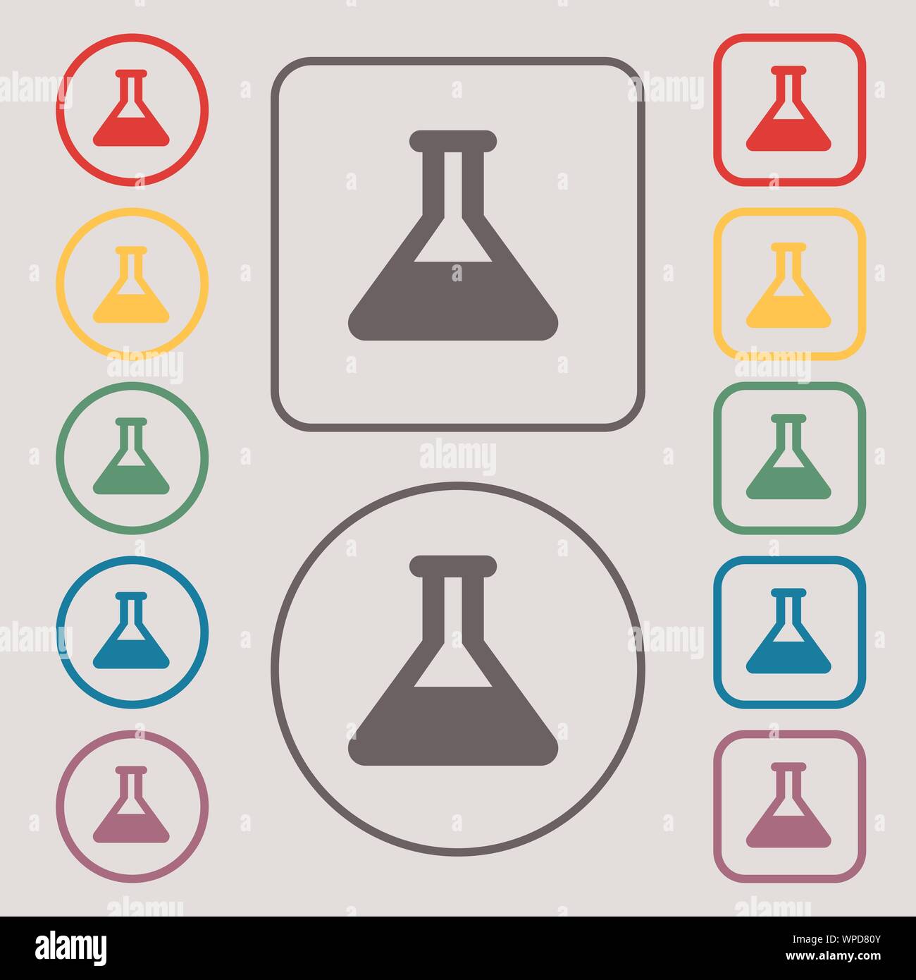 Conical Flask icon sign. symbol on the Round and square buttons with ...