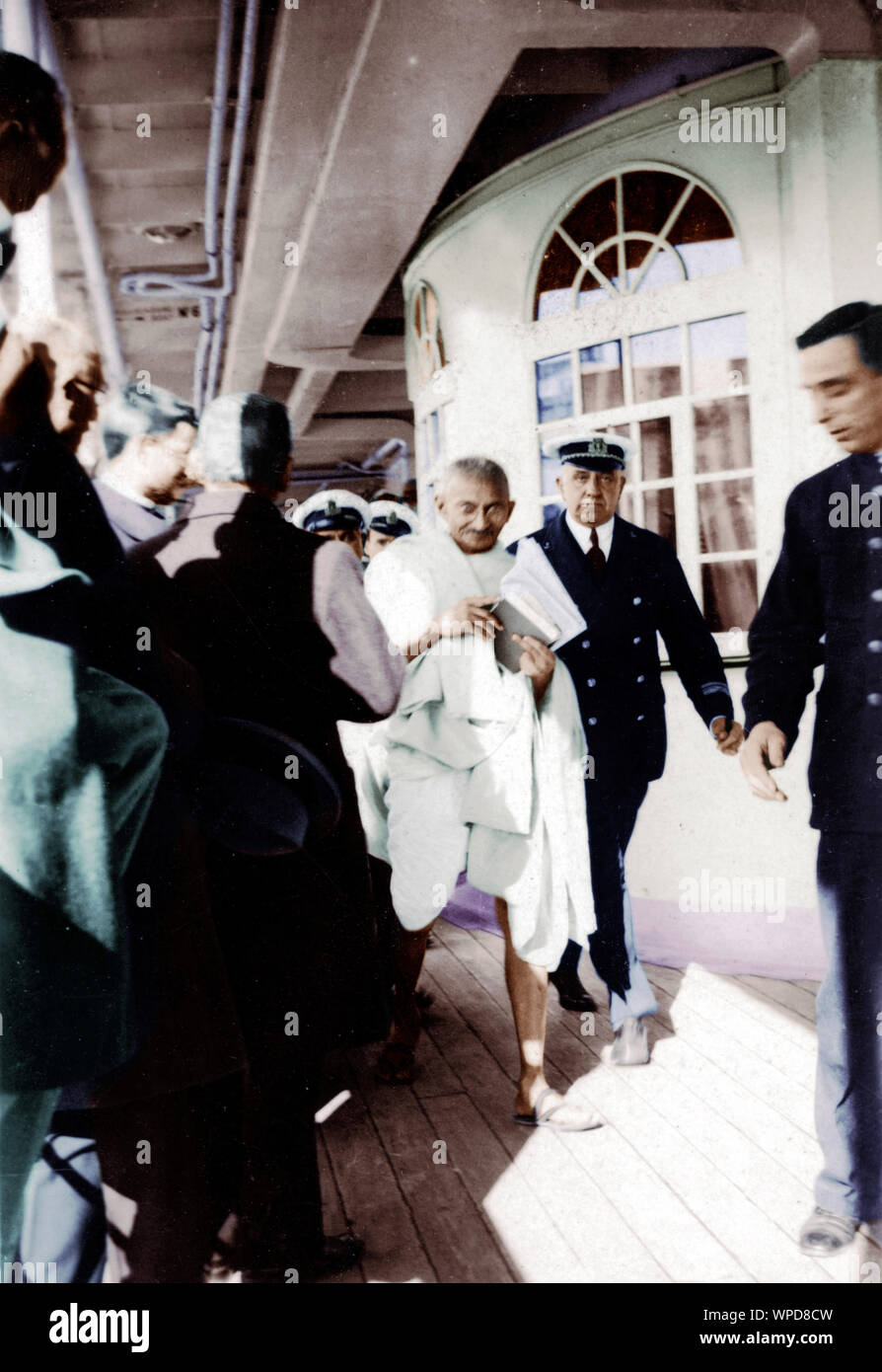 Mahatma Gandhi during his departure on ship S S Pilsna from Brindisi ...