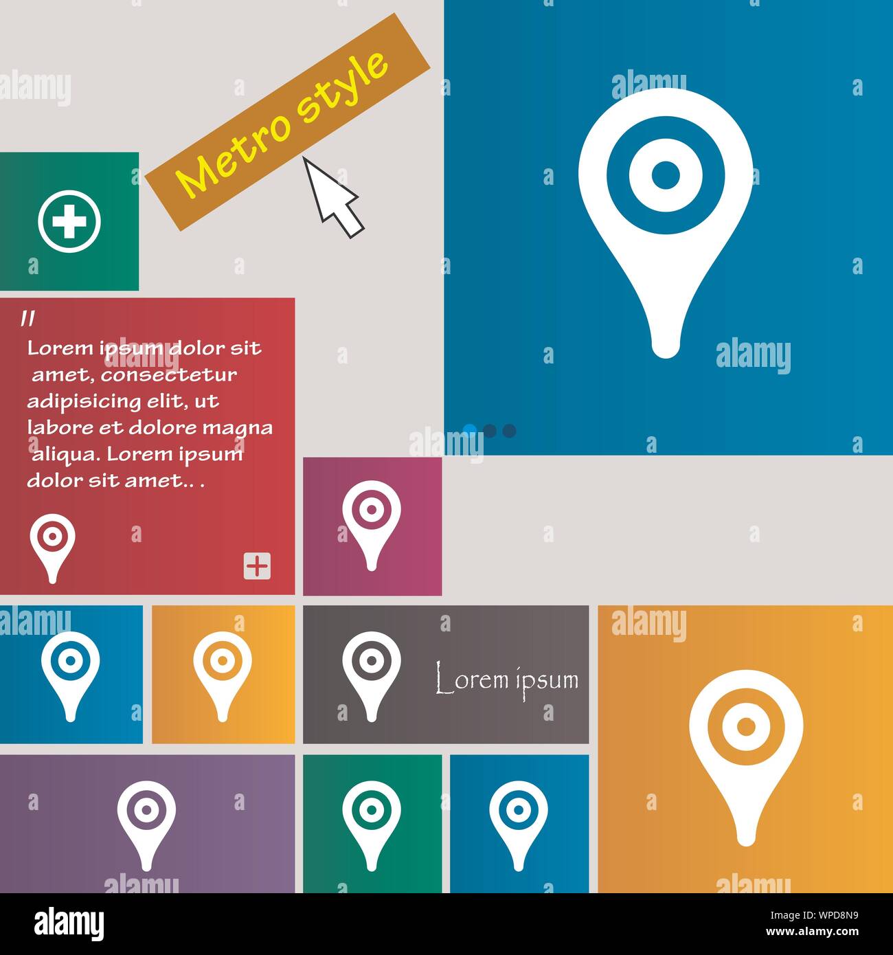 Map pointer, GPS location icon sign. Metro style buttons. Modern interface website buttons with ...
