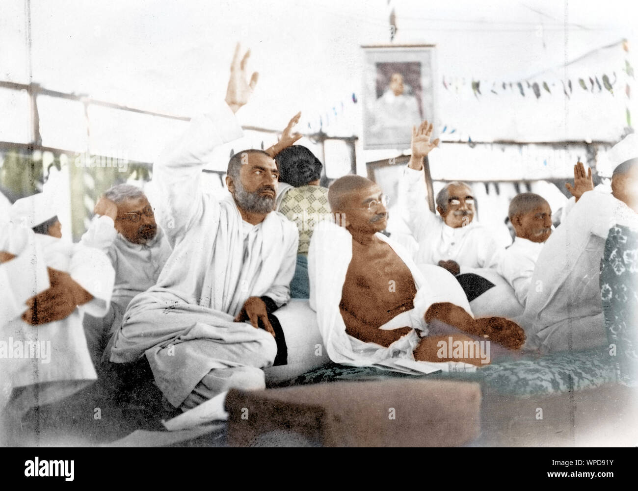 Mahatma Gandhi and others voting for resolution, Bombay, Maharashtra ...
