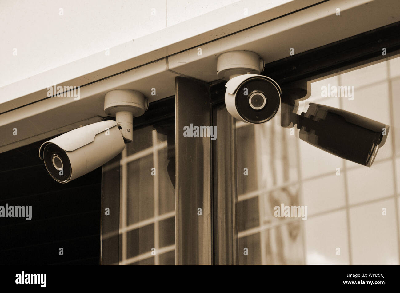 closed circuit camera Multi-angle CCTV system against the blue sky ...