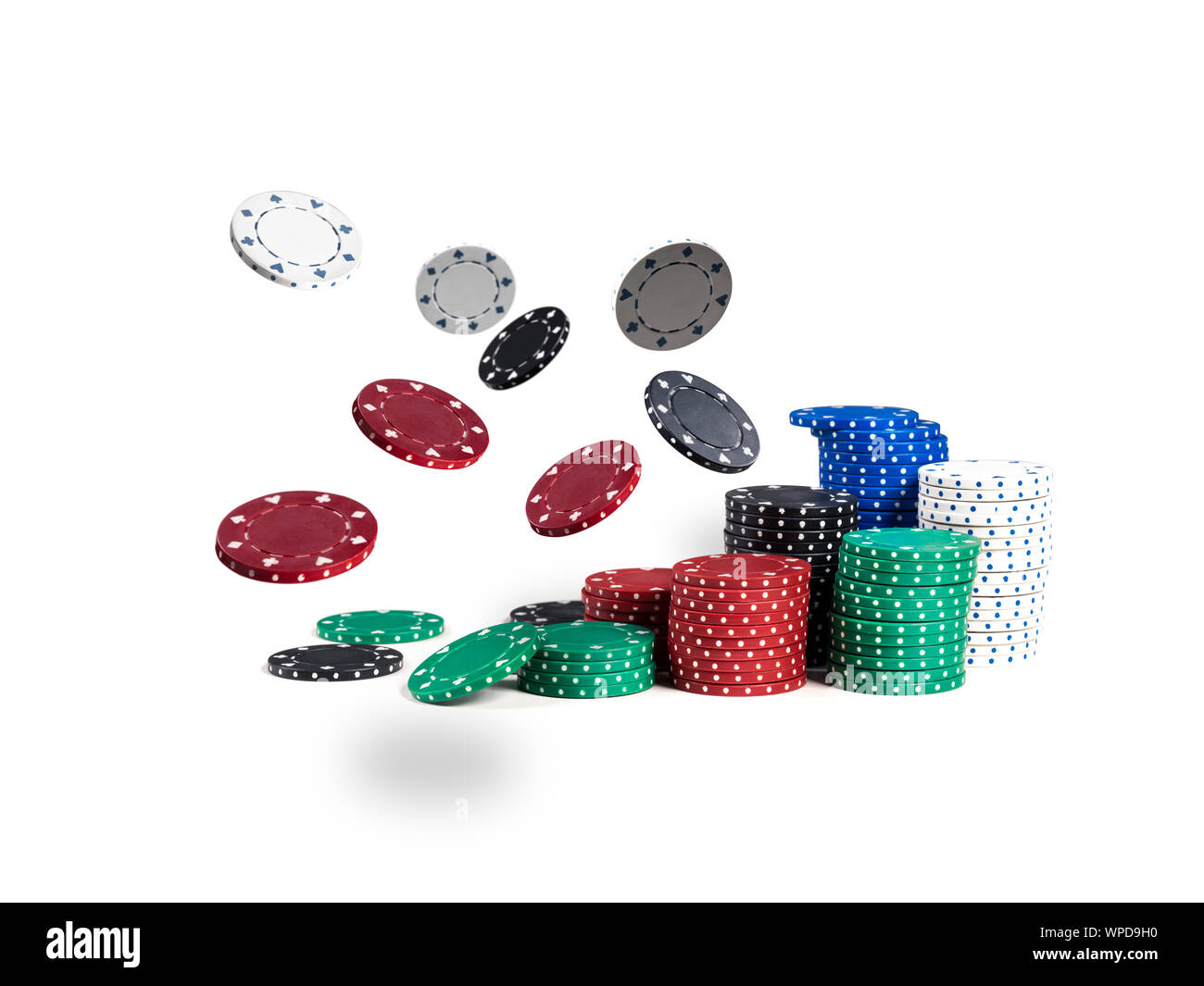 Colorful high quality chips in piles are flying apart, isolated on ...