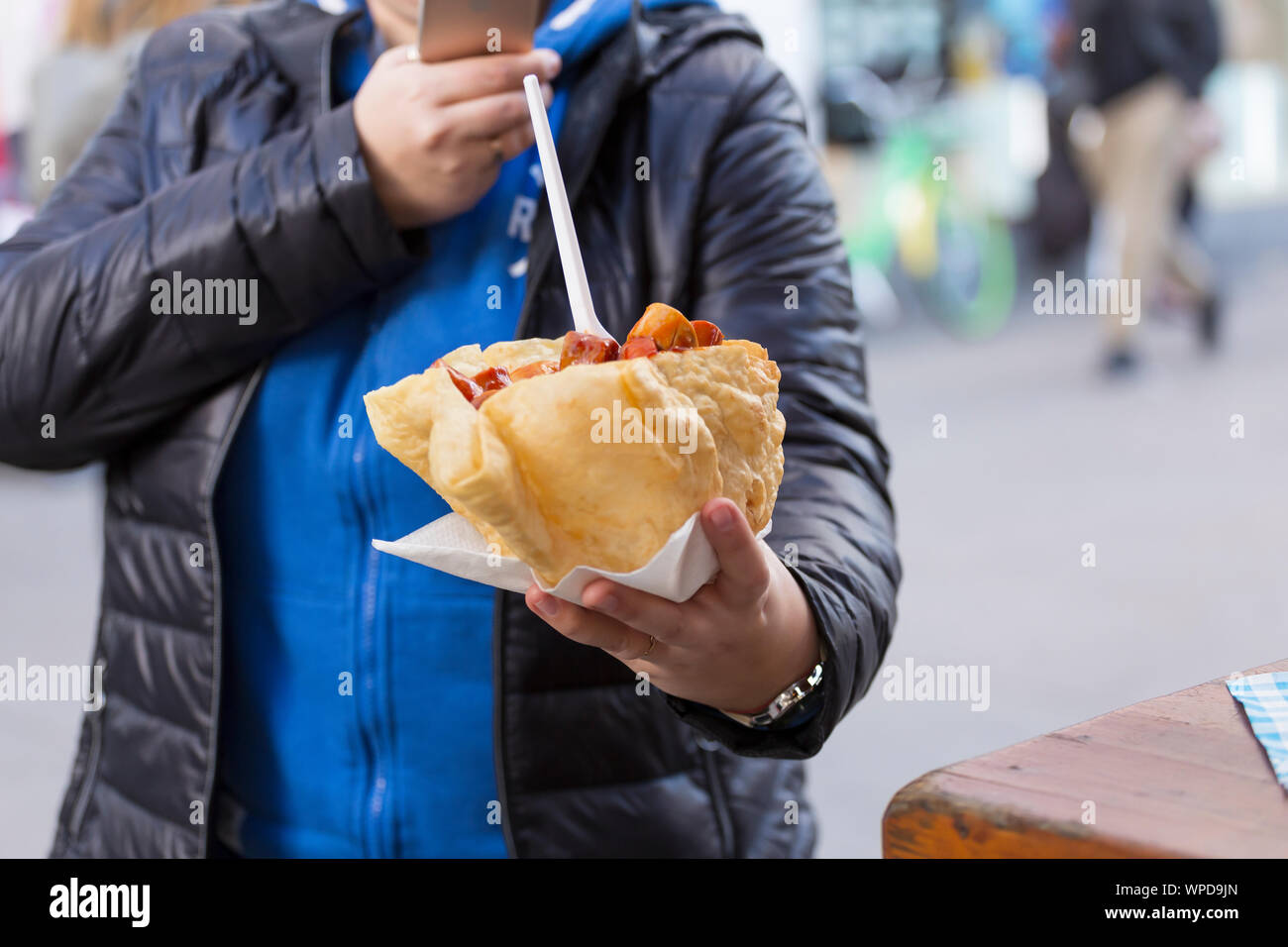 bratwurst, eating currywurst, currywurst served, schnitzel, munich ...