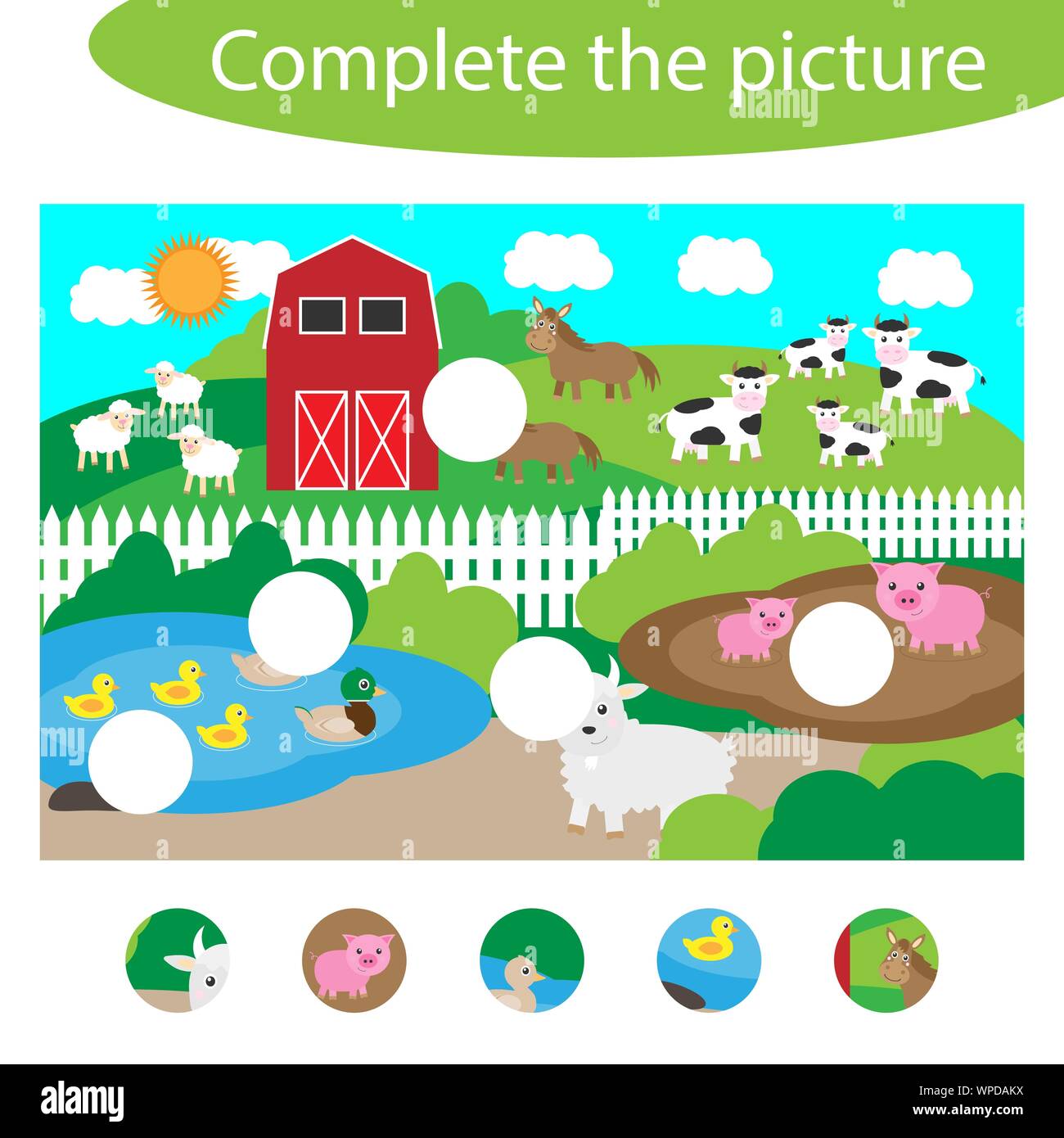 Complete the puzzle and find the missing parts of the picture, farm fun ...