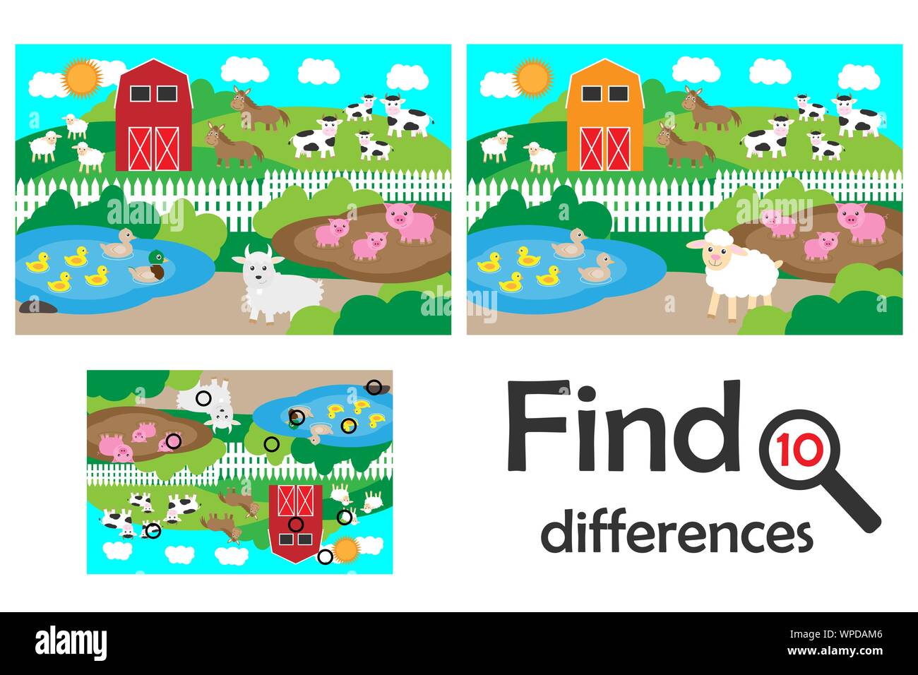 Find 10 differences, game for children, farm with animals cartoon, education game for kids ...