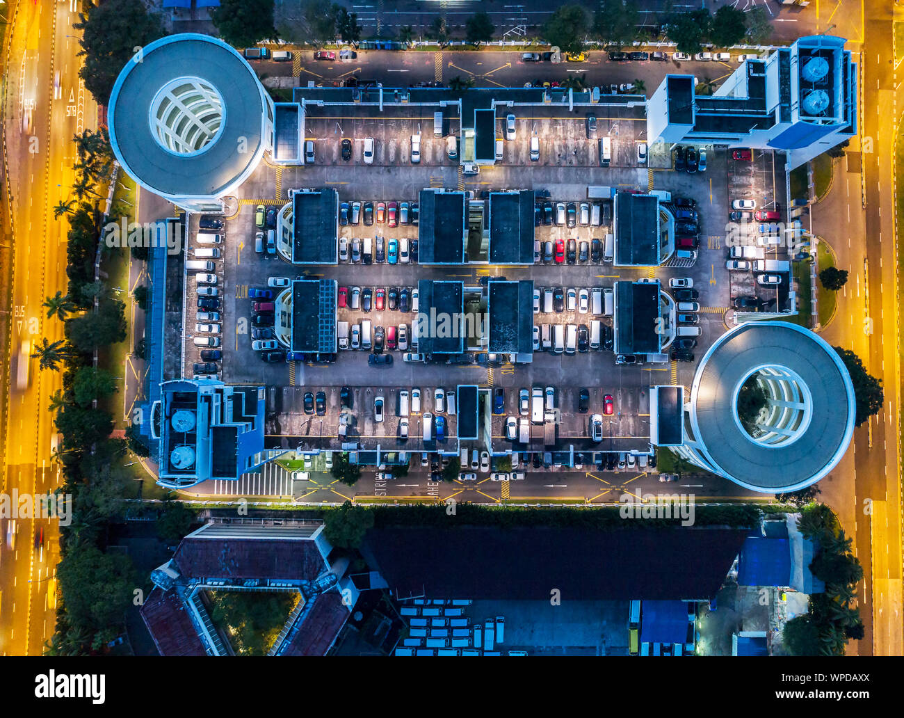 Aerial view of open car parking lots built to save space in Singapore ...