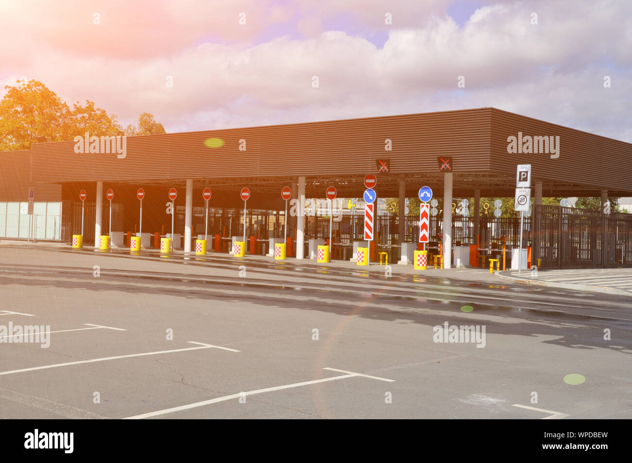 Checkpoint and parking payment in the area of a large football stadium ...