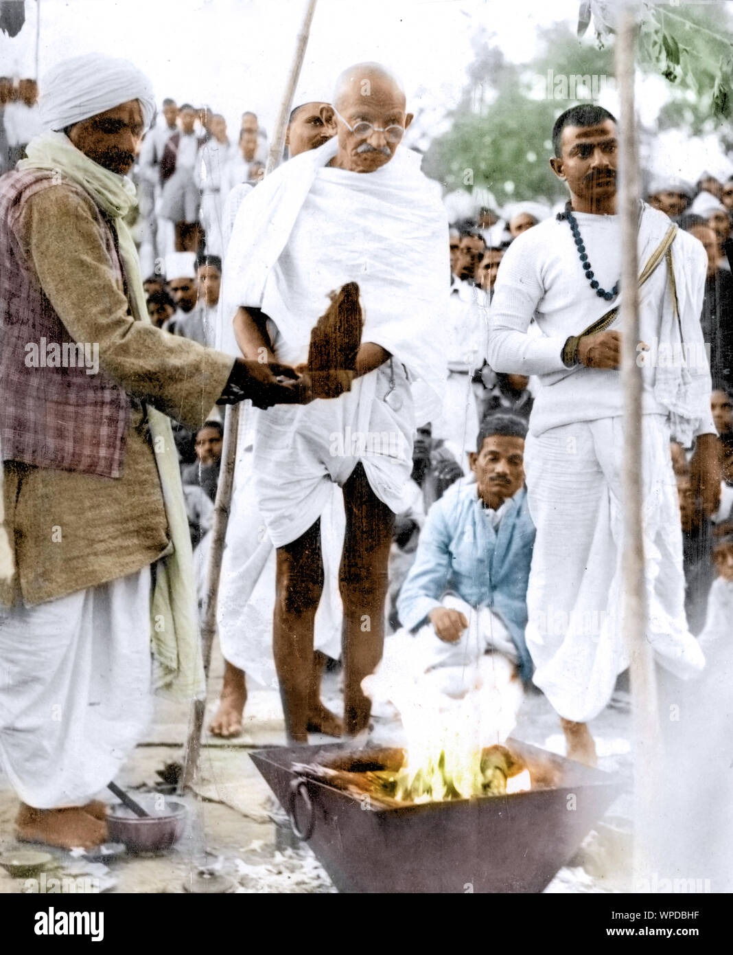 Mahatma Gandhi performing havan fire ceremony of laying stone ...