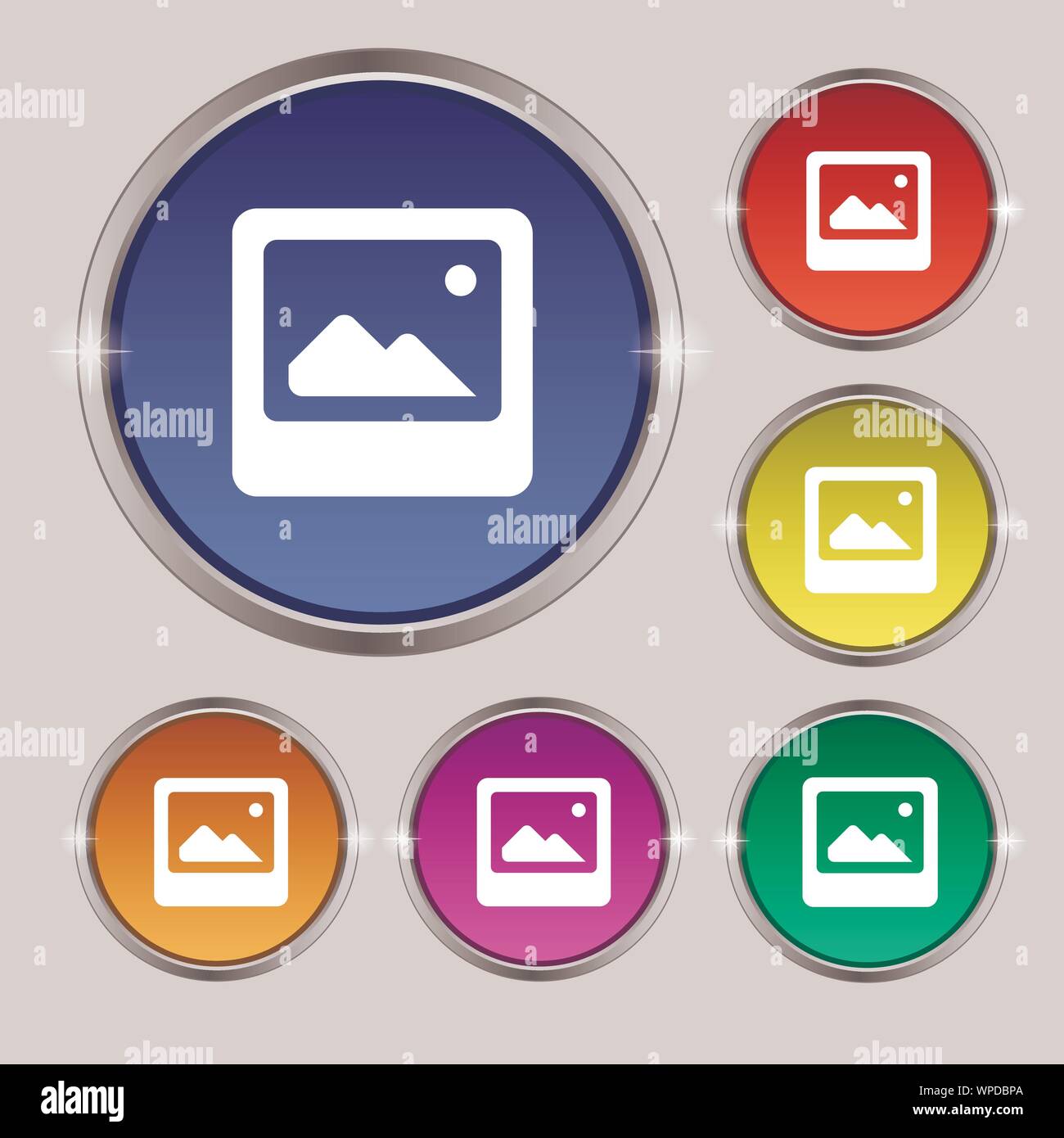 Photo frame template icon sign. Round symbol on bright colourful ...