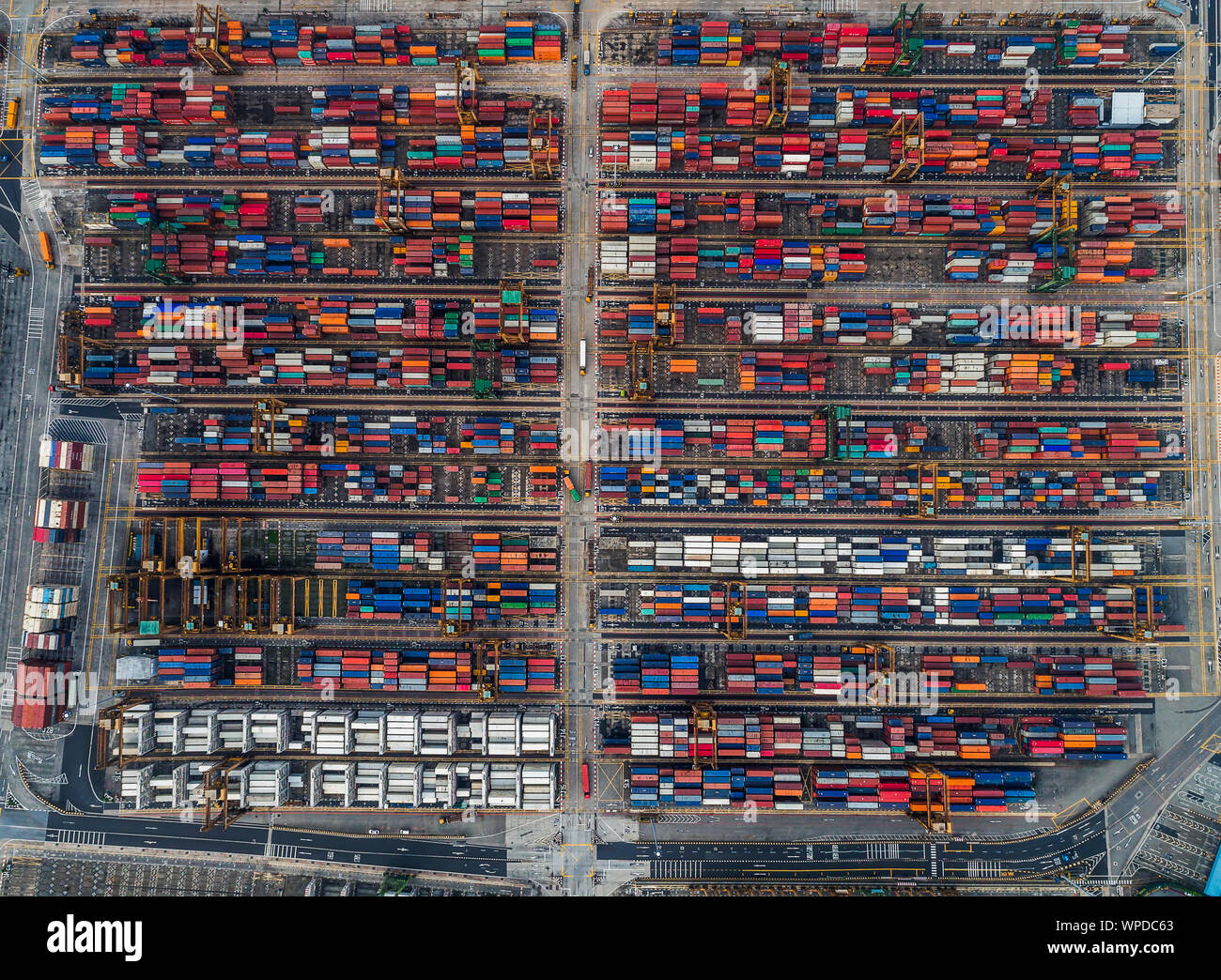 Cargo containers loaded in harbour port aerial view, Singapore Stock ...