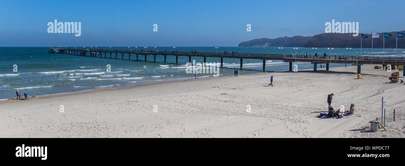 Panorama of the sea bridge Seebrucke at the beach of Binz on Rugen ...
