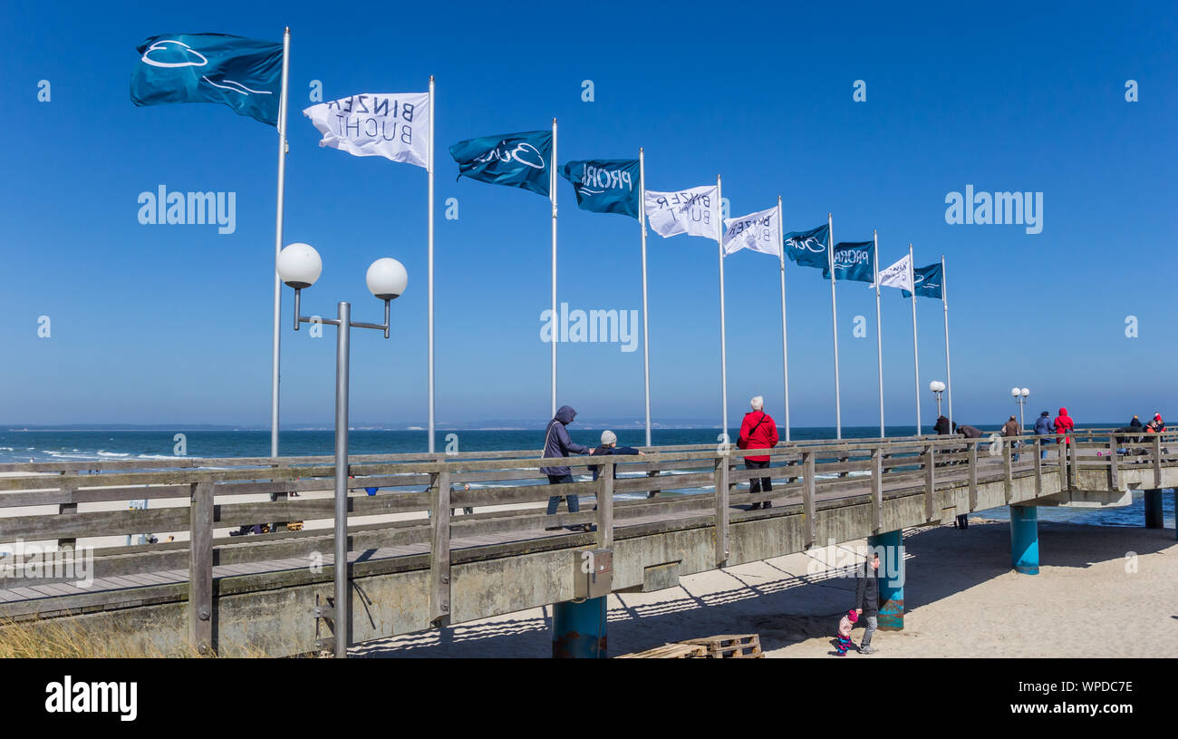People walking the Seebrucke sea bridge in Binz on Rugen island ...