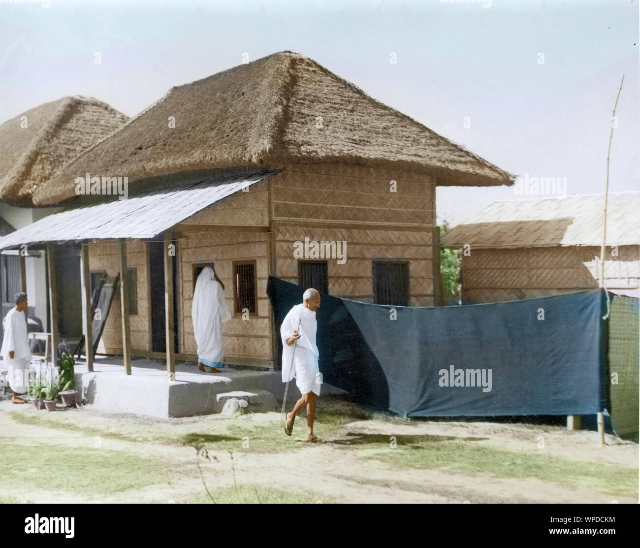 Mahatma Gandhi outside hut during annual conference, Dacca, East Bengal ...