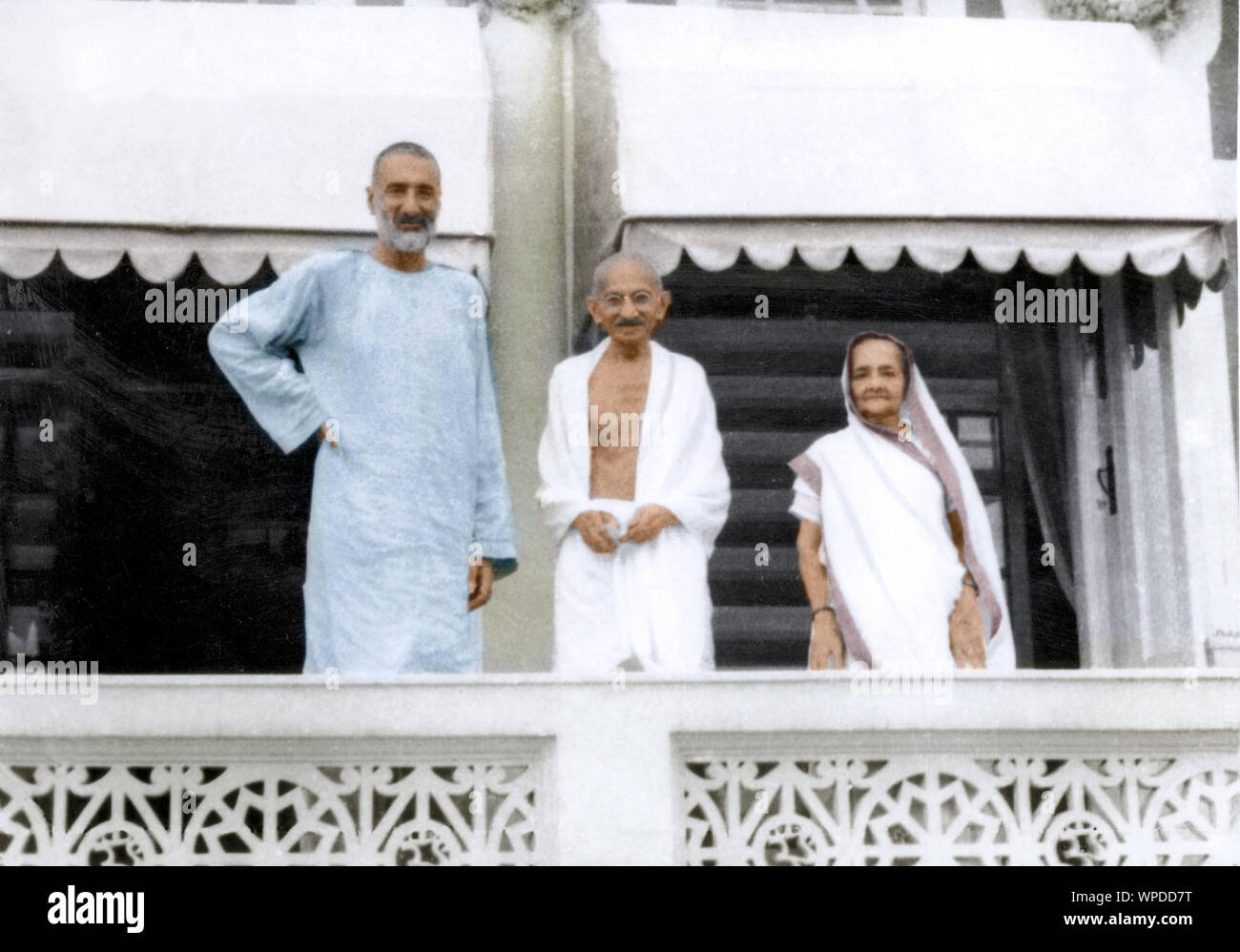 Abdul ghaffar Khan, Mahatma Gandhi and Kasturba standing balcony ...