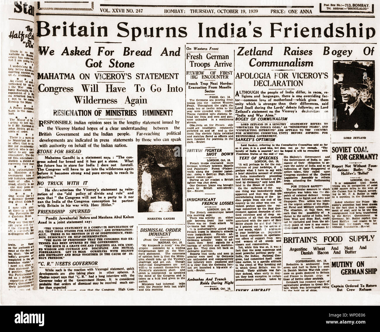 Front page of Bombay Chronicle newspaper about Mahatma Gandhi, Bombay ...