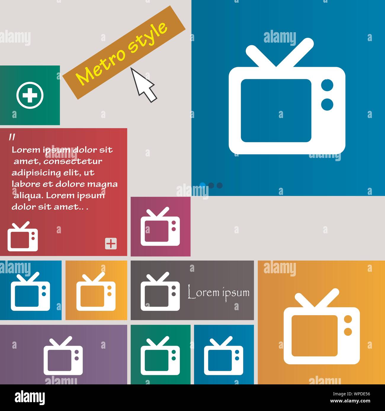 Retro TV icon sign. Metro style buttons. Modern interface website buttons with cursor pointer ...