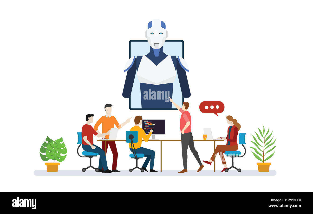 ai artificial intelligence robot team developer programmer with script technology discussion ...