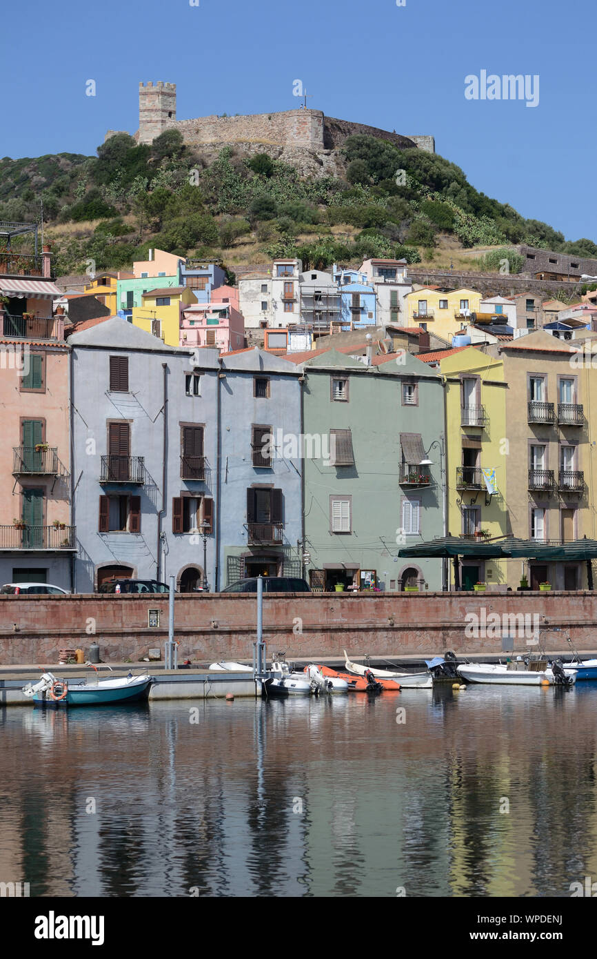 panoramic view of the city of Bosa, in Sardinia, which is reflected on ...